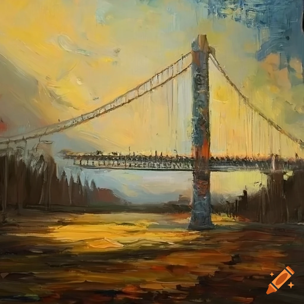 Surreal impressionist oil painting of a suspension bridge silhoutte on ...
