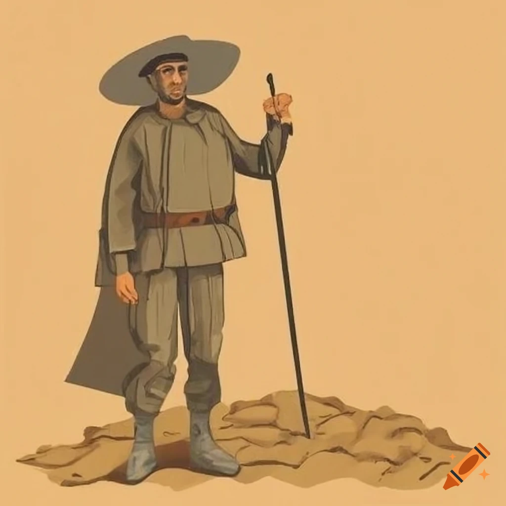 Soldier with cape and sunhat in a desert trench on Craiyon