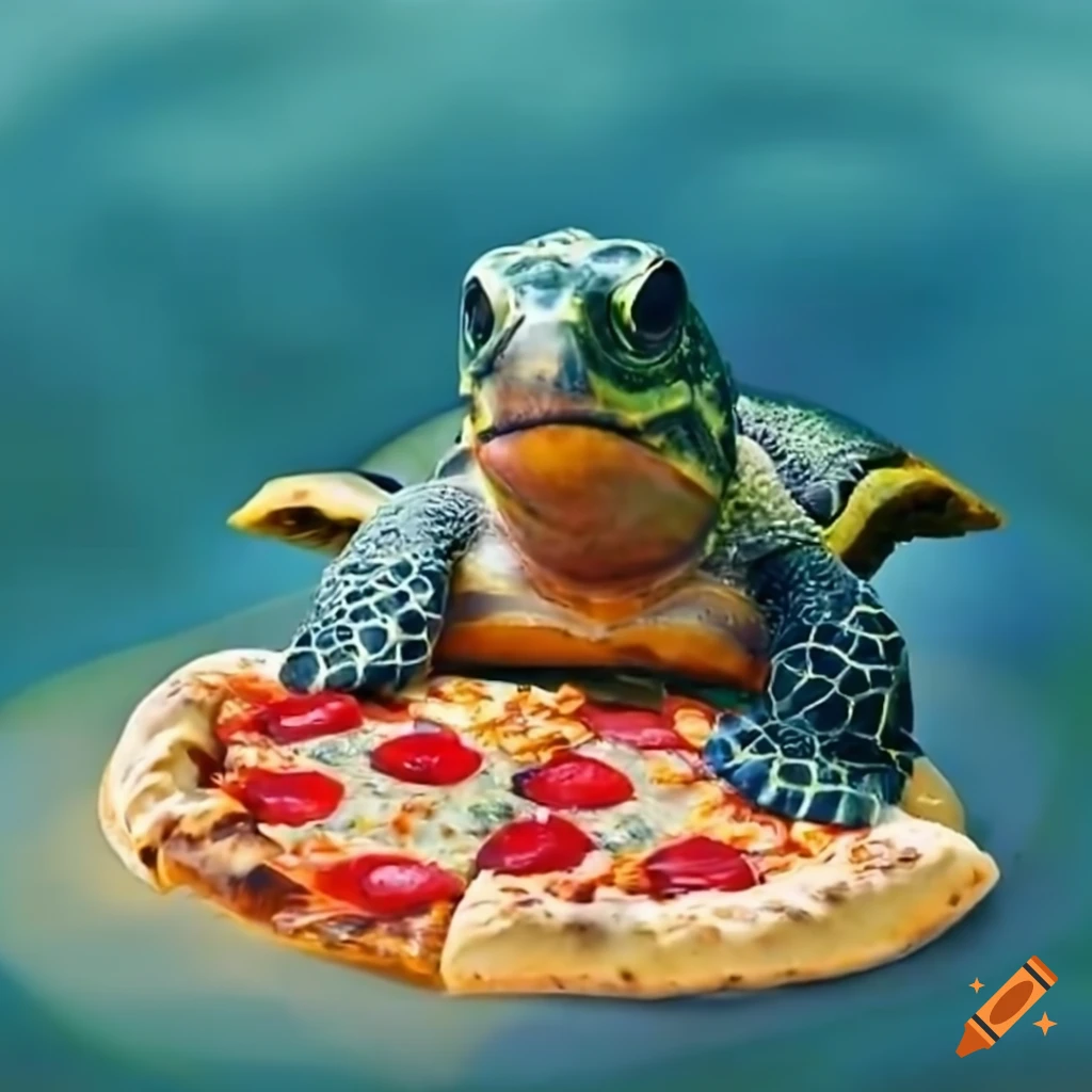 Turtle enjoying pizza on the beach on Craiyon