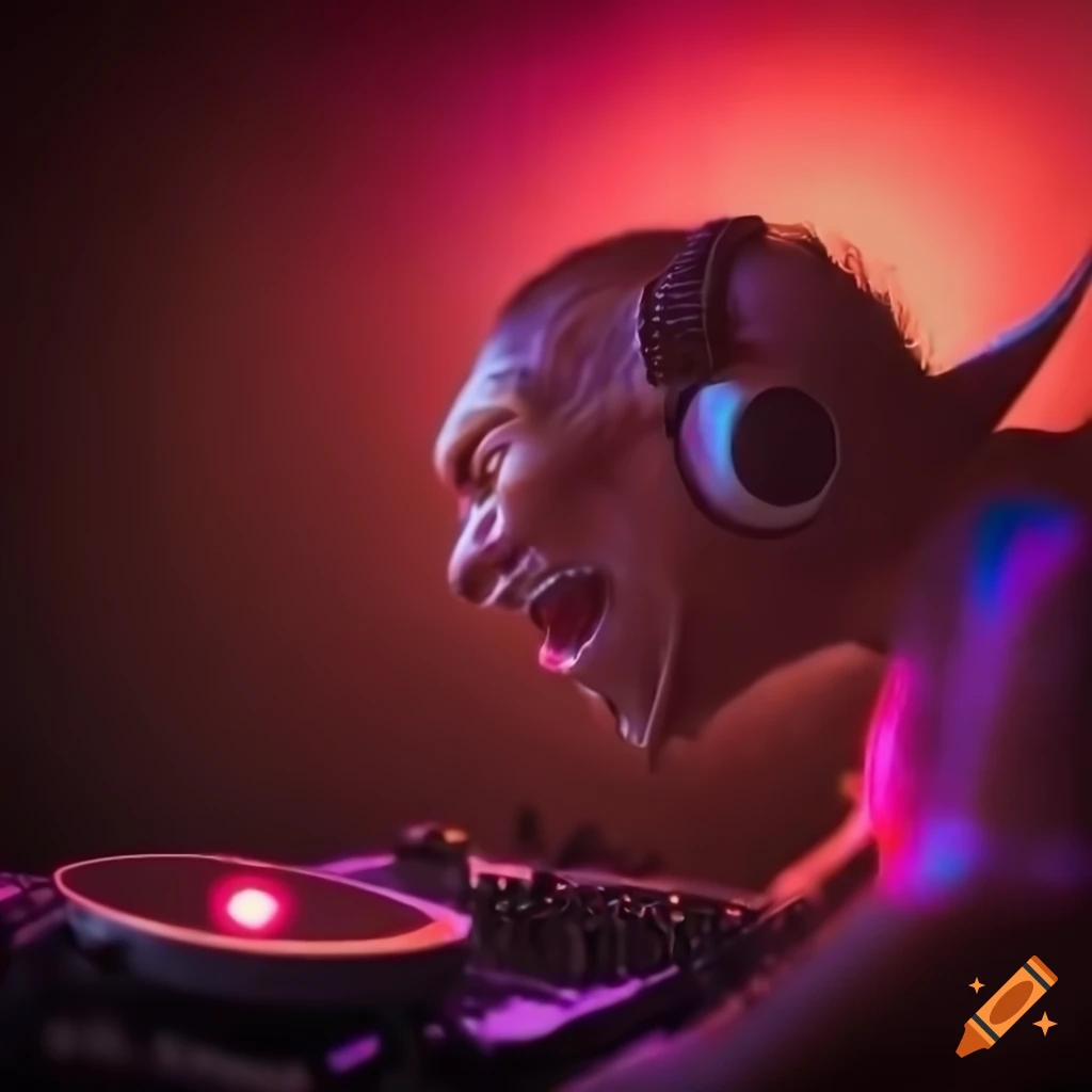 Goblin dj with headphones performing at a rave on Craiyon