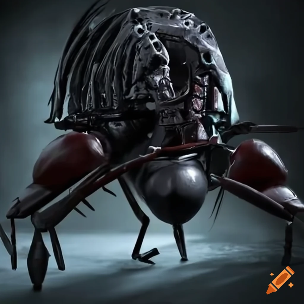 Menacing angular robot ant attacking a predator in a dark futuristic ...