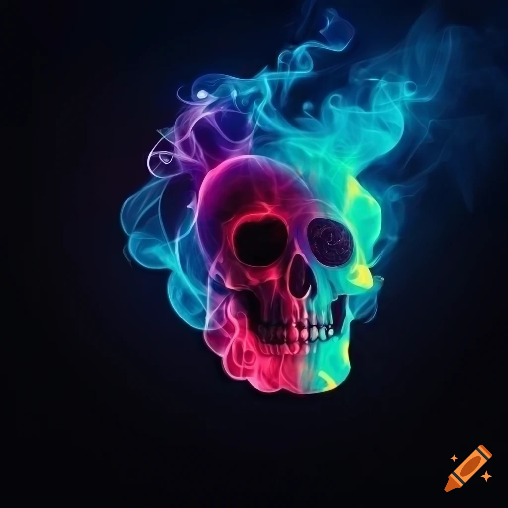 Dark Amoled illustration with smoke, skull, stars, flowers, and neon ...