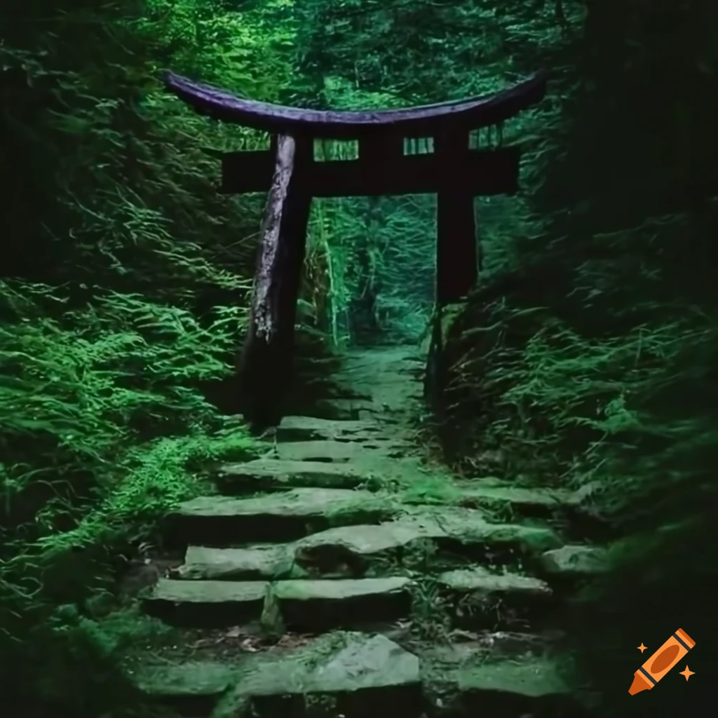 Lonely and dilapidated japanese torii gate in a dark forest with ...