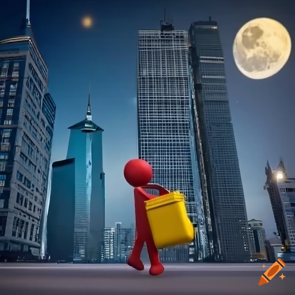 3D stick figure walking in city street with corporate buildings under ...