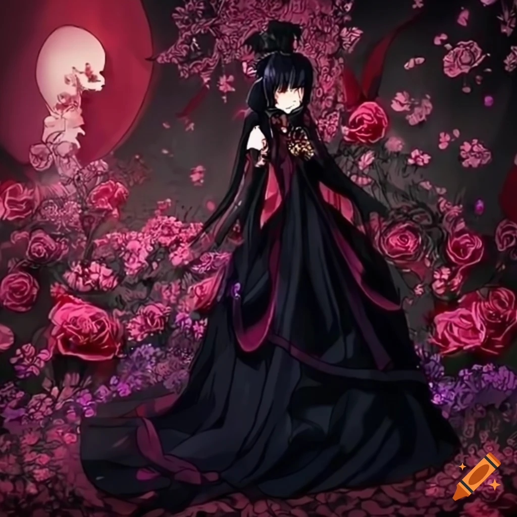 Regal anime queen in black rose-filled gown in a night rose garden on ...