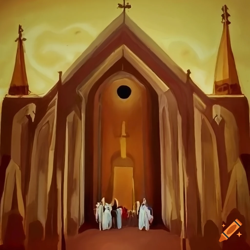 Golden church in desert with waving relatives, by alyn spiller on Craiyon