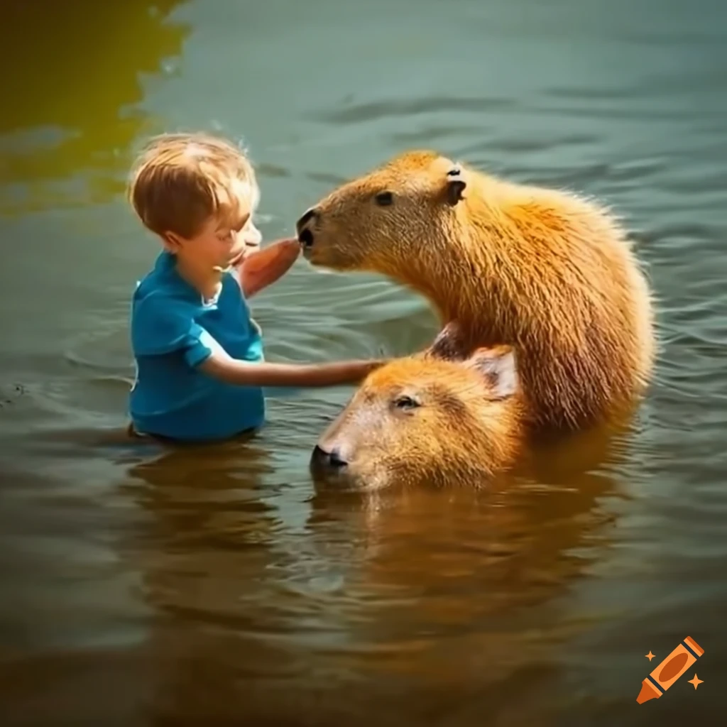 Children enjoying the water with capybaras by the lake on Craiyon