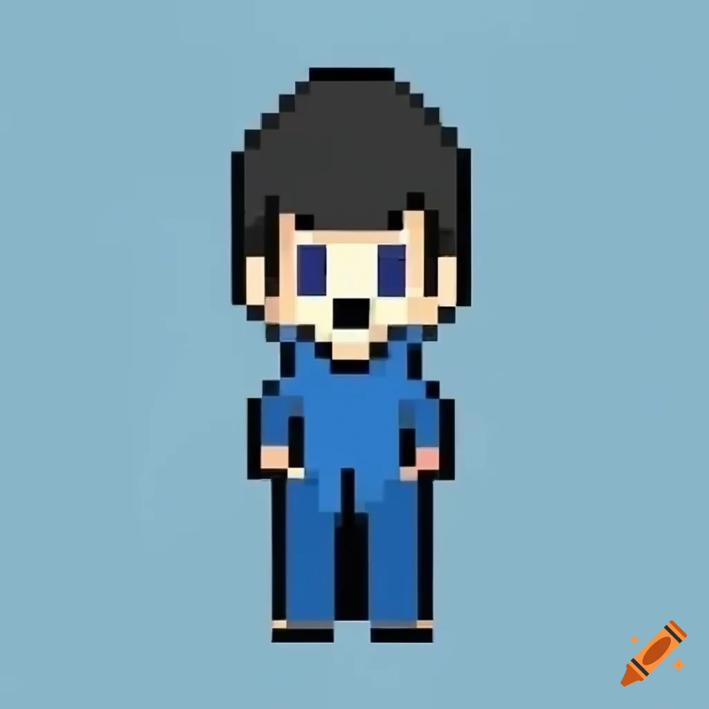 Pixel art character in blue clothes promoting a youtube channel on Craiyon