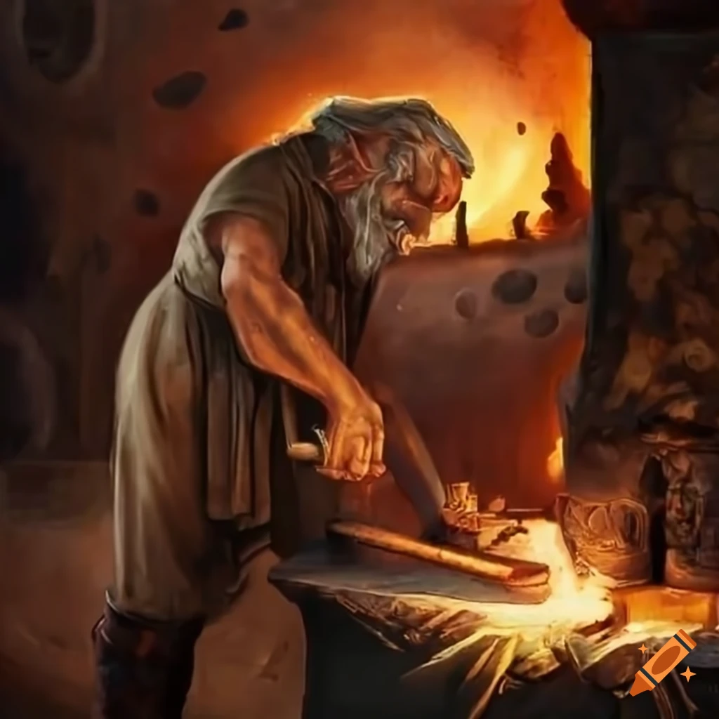Old master blacksmith at work on Craiyon