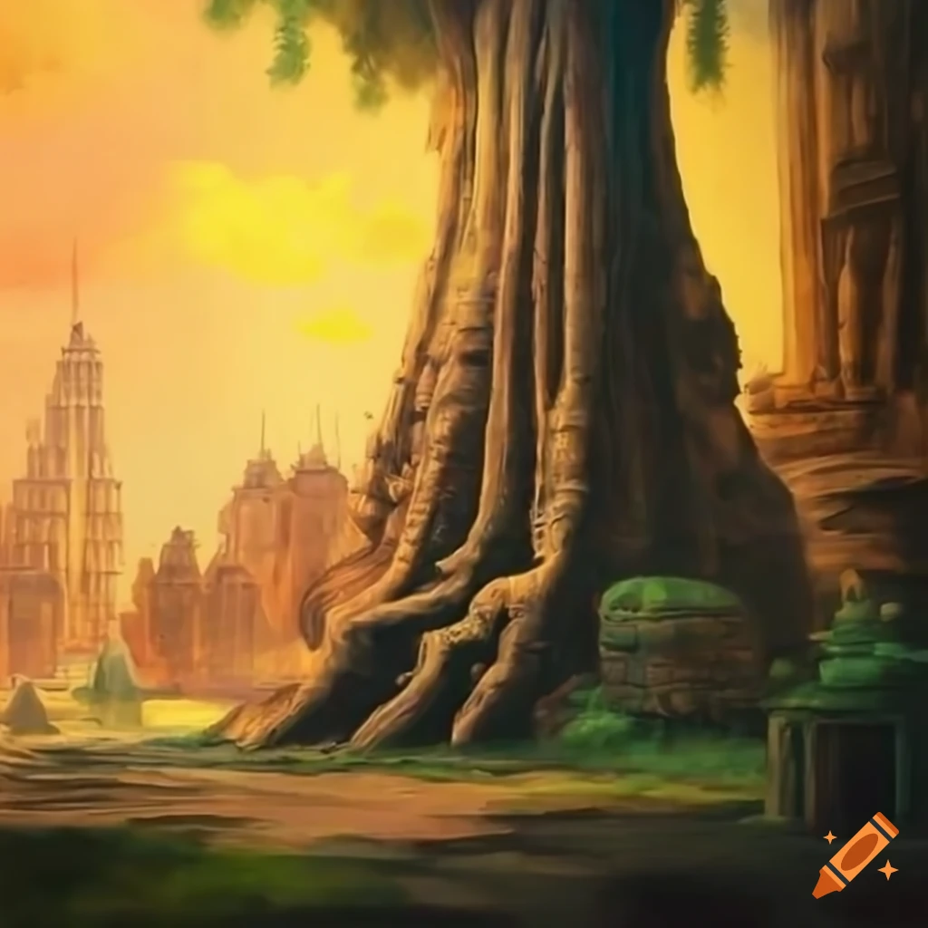 Temple carved into a giant swamp tree in realistic muted colors on Craiyon