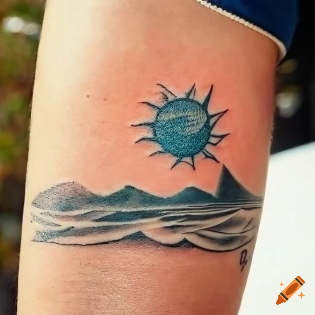 Beach and sun tattoo on an arm, detailed tattoo photography on Craiyon