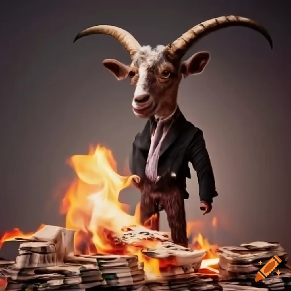 Goat gangster with dollar bills and fire in the background on Craiyon
