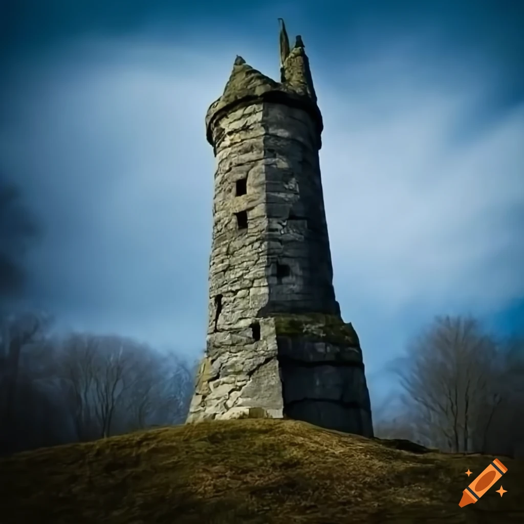 Stone grey wizard tower on a hill without door or windows on Craiyon