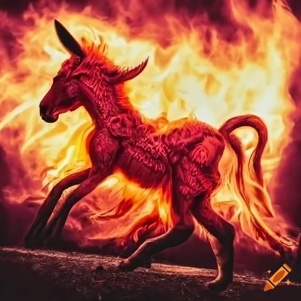 Mythical fire creature, imaginative flaming donkey on Craiyon