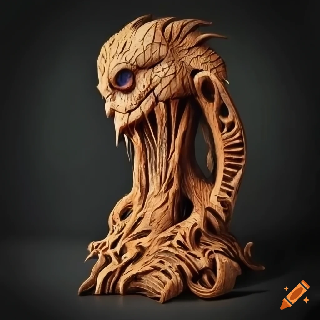 Intricate wooden tree carving inspired by lovecraft's bisclavet on Craiyon