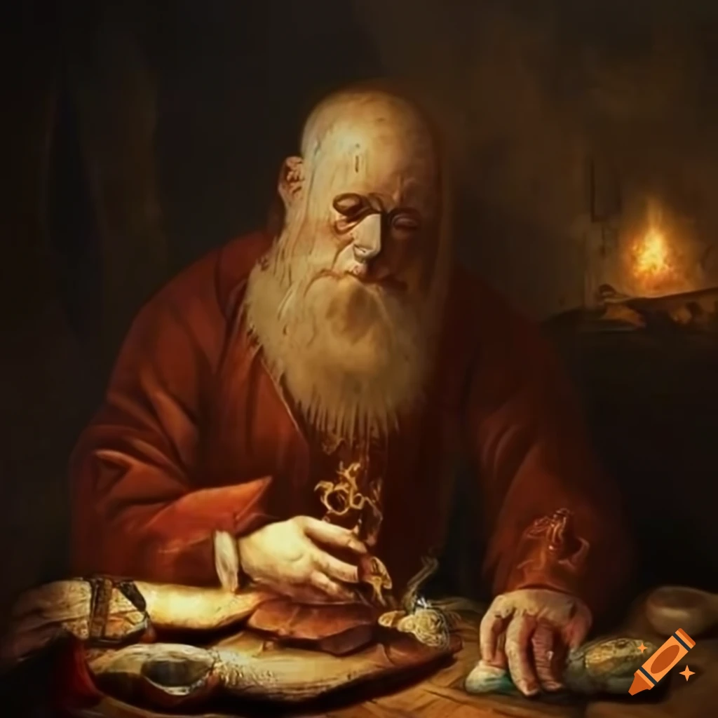 Moody medieval painting of an alchemist performing magic on Craiyon