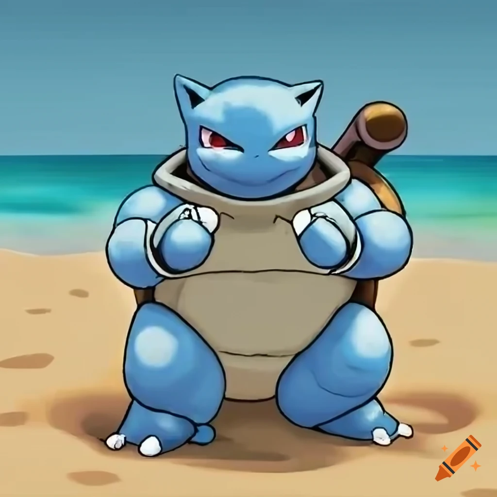 Pokemon blastoise on a tropical beach on Craiyon