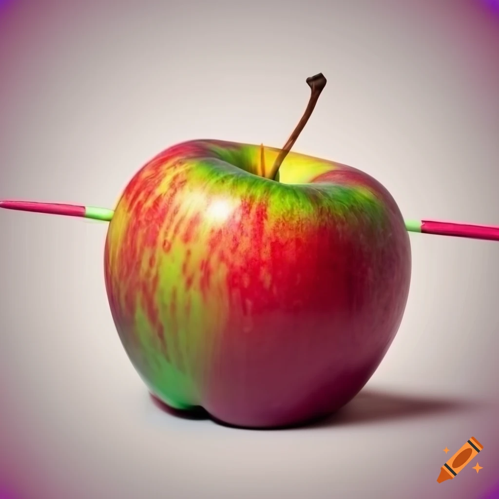Apple crossed by a wooden arrow on white background on Craiyon