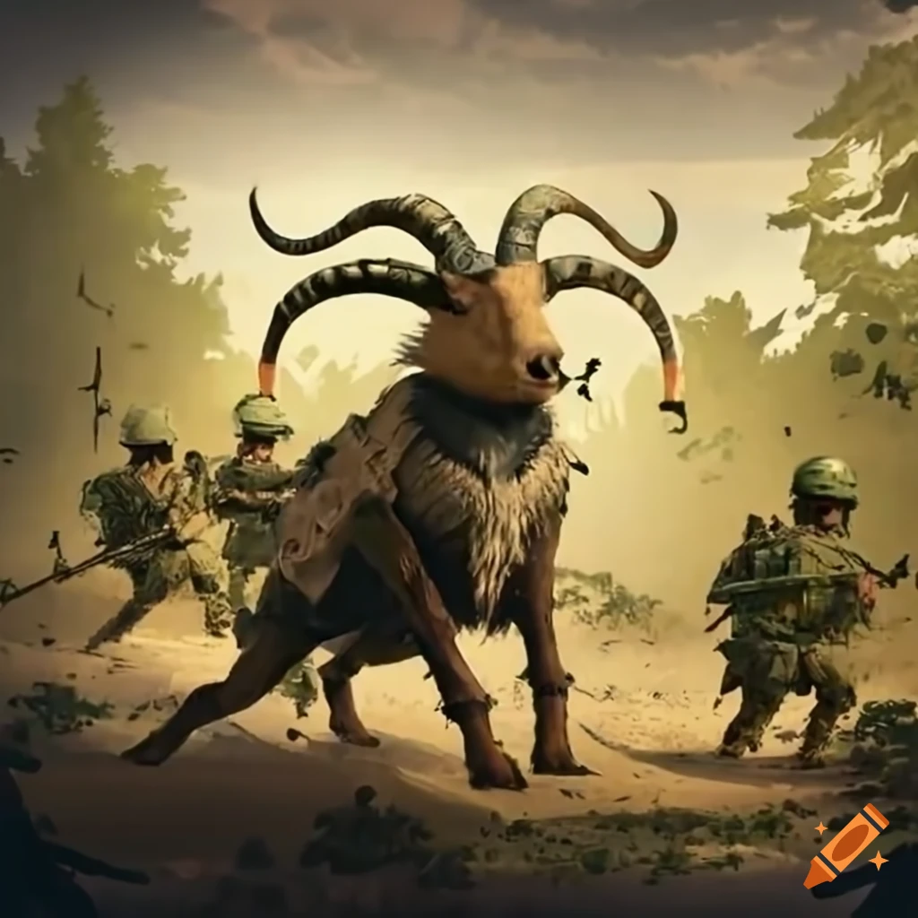 Epic scene of a goat army charging in a militarized forest on Craiyon