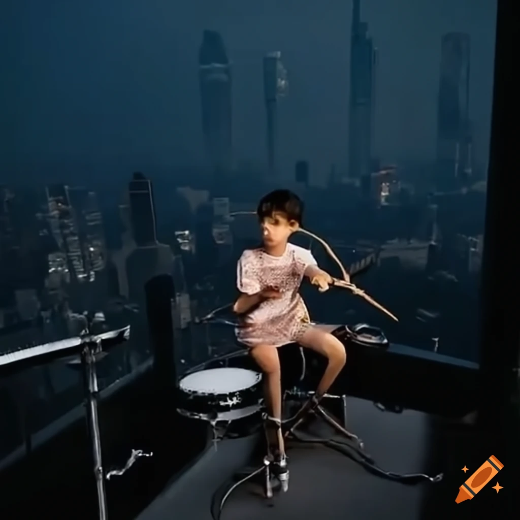 Boy playing drums on a skyscraper on Craiyon