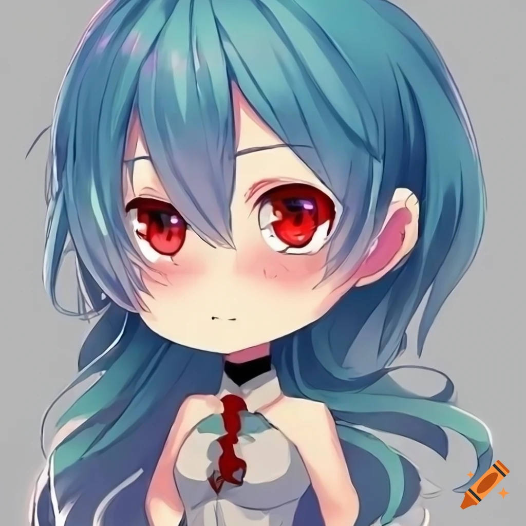 Anime chibi character with light blue hair and red eyes on Craiyon