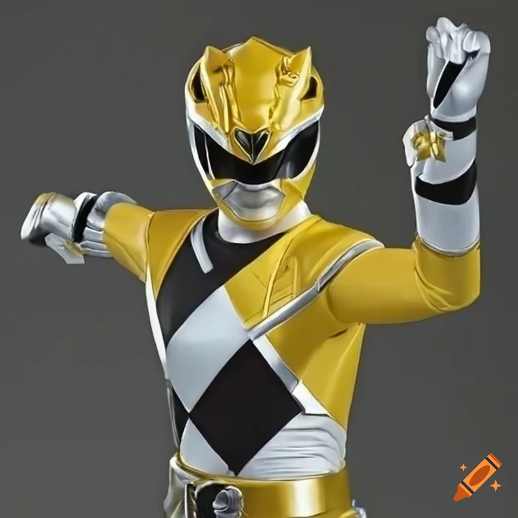 Male yellow DNA helix lion Power Ranger in silver and black armor on ...