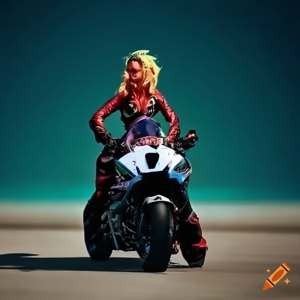 Female motorcycle racer in iconic landscapes inspired by super hang-on ...