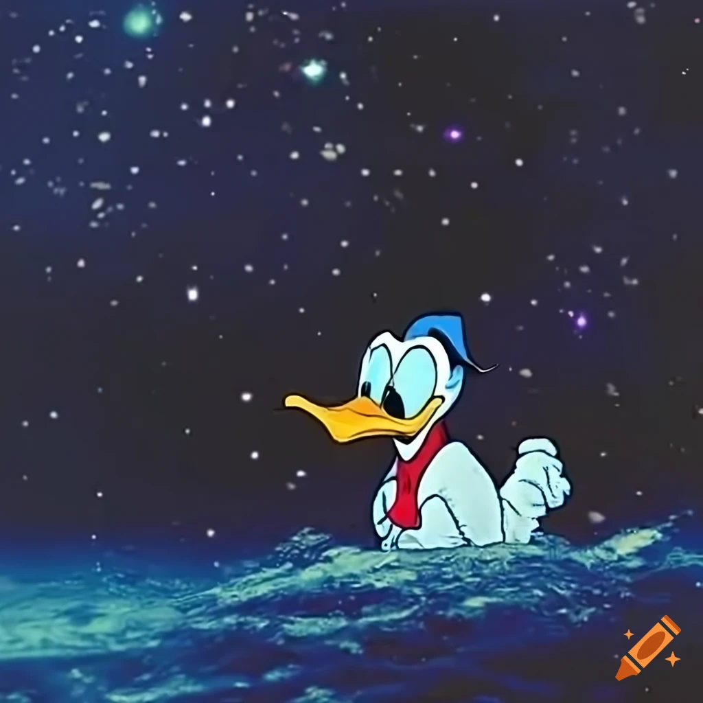 Donald duck peacefully drifting in space with eyes closed on Craiyon