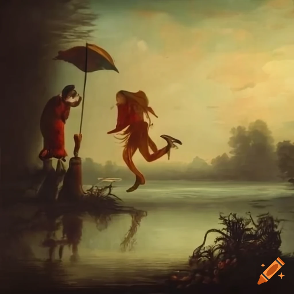 Surrealist scene with imitation fragonard style depicting people ...