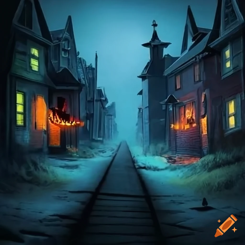 Suburban street on halloween night with many houses on Craiyon