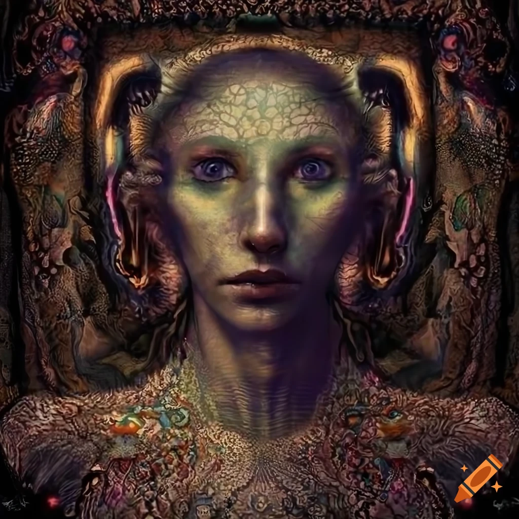 Abstract tapestry style portrait of a unique female creature in dark ...