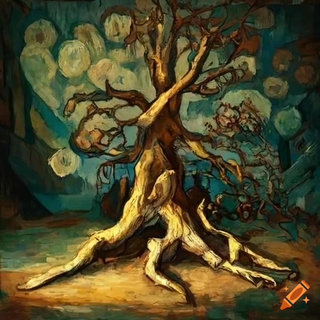 Strange tree growing from a pile of dead people with luminous fruits in ...