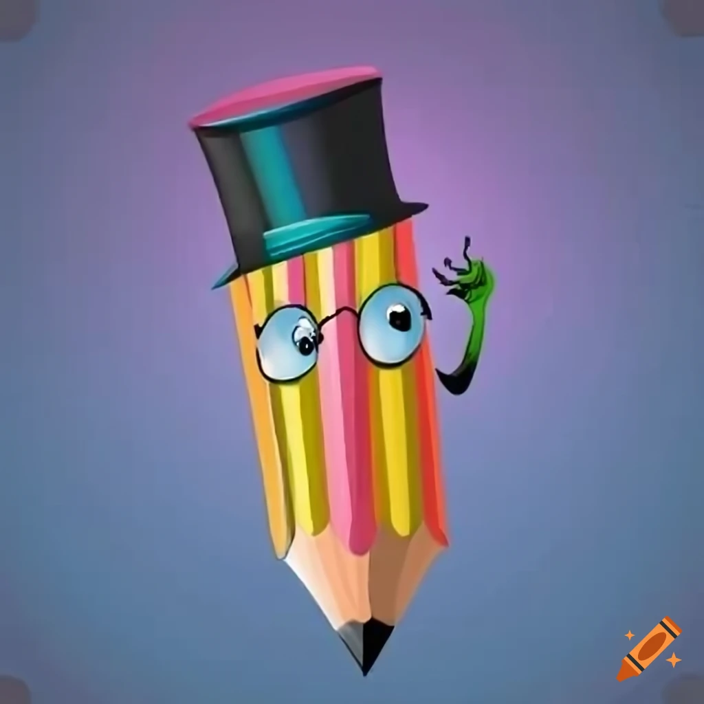 Cartoon pencil with top hat on Craiyon