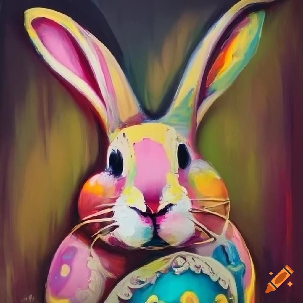 Abstract painting of an easter bunny surrounded by colorado easter eggs ...
