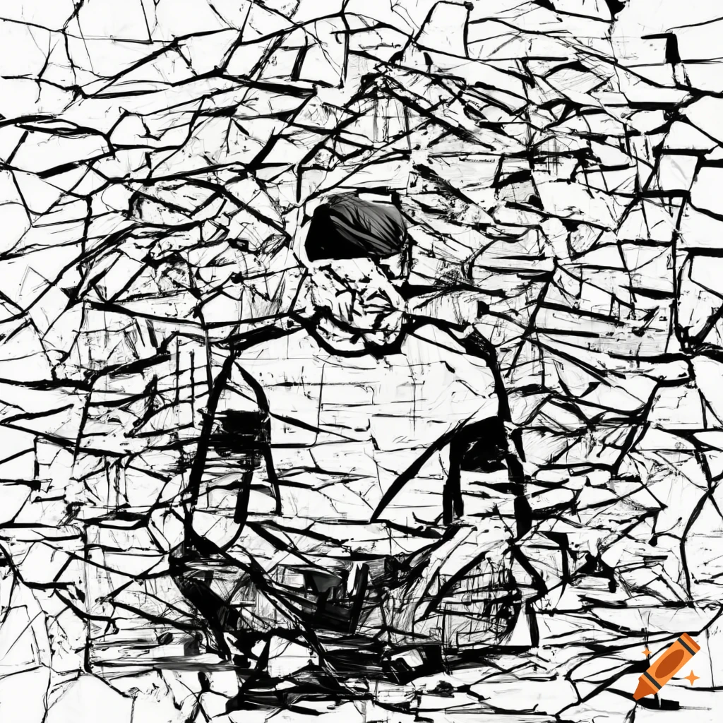 Distressed man sitting in front of broken glass on Craiyon