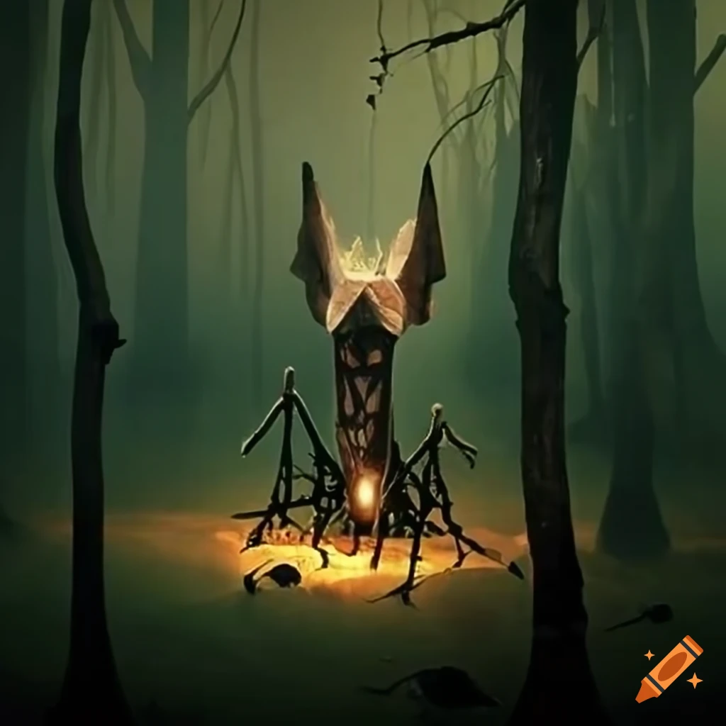 Surreal junkyard with strange totems near a surreal forest and swamp ...