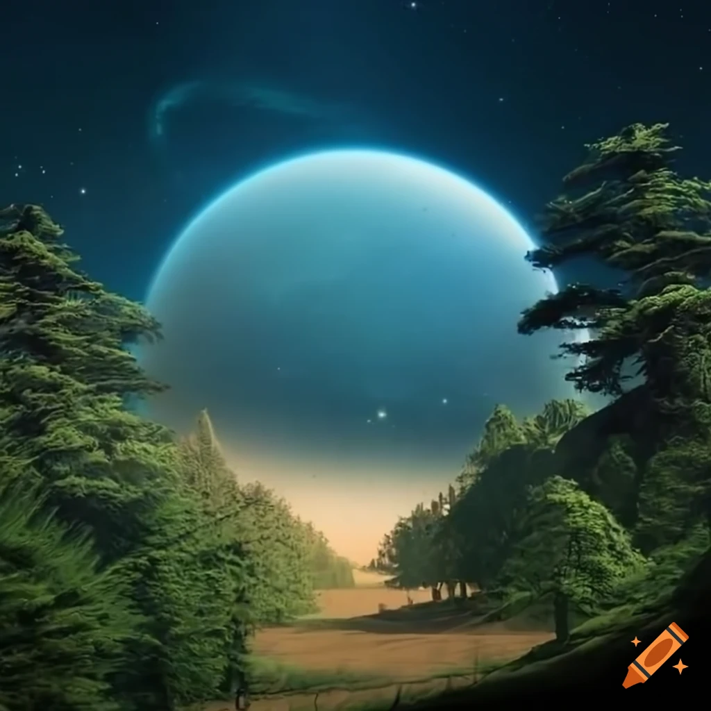 Alien horizon of a forested planet in a sci-fi setting on Craiyon