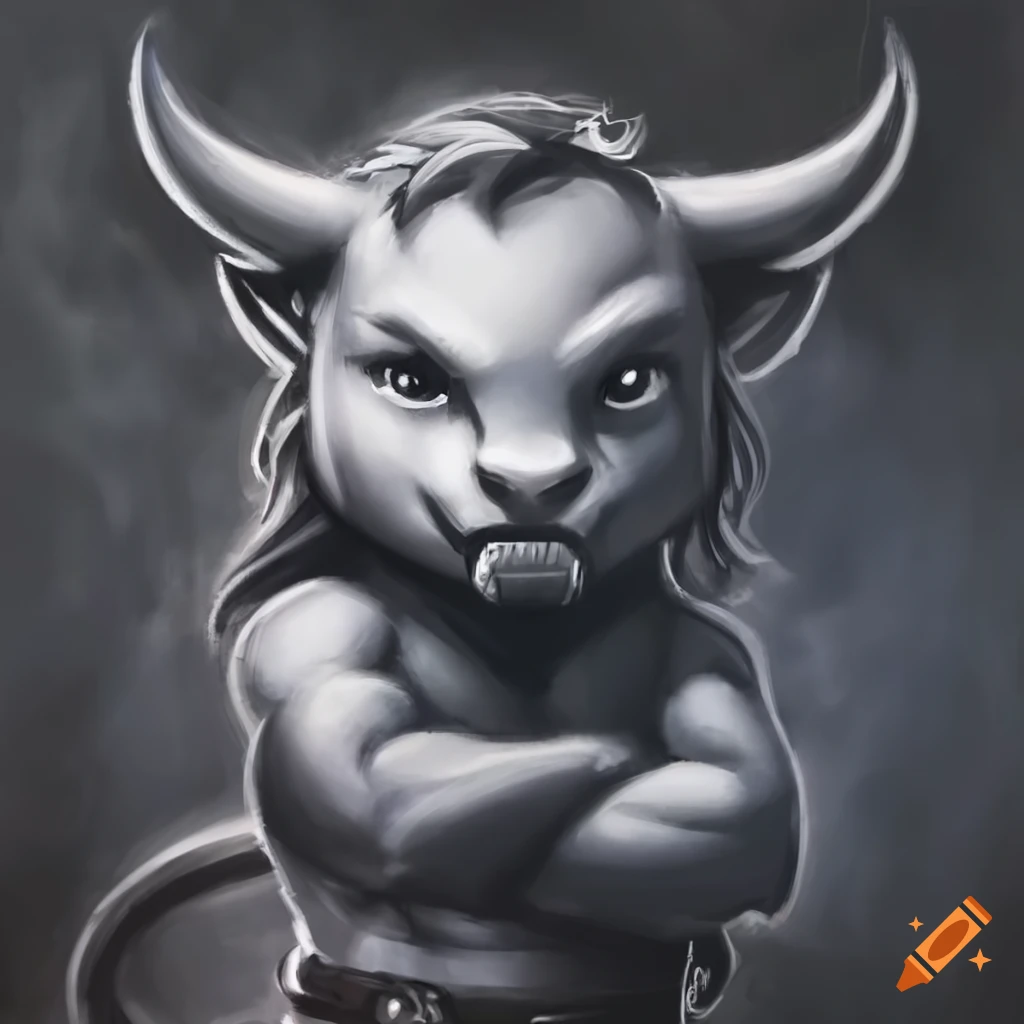Cute minotaur child in full figure, charcoal drawing in simon bisley ...