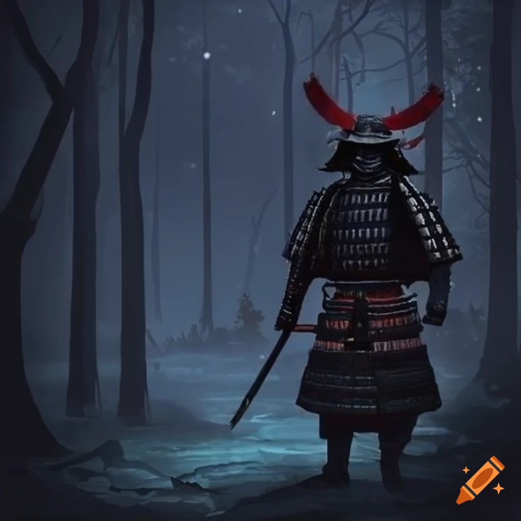 Samurai in a forest at night on Craiyon