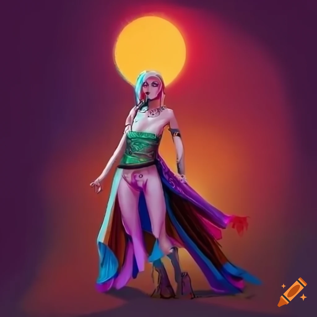 Sunset punk female character in vibrant attire with flowing fabrics on Craiyon