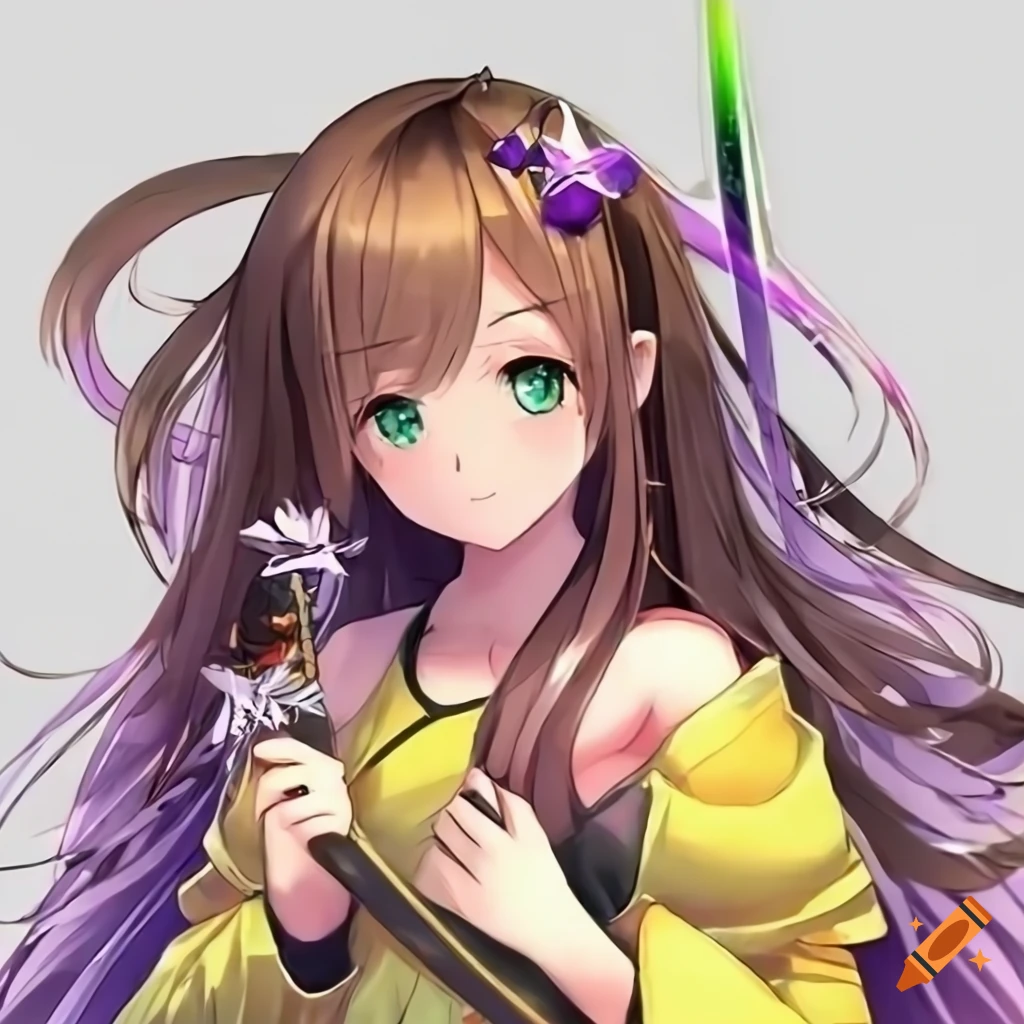 Anime girl in yellow dress swinging black sword with purple shimmer on ...