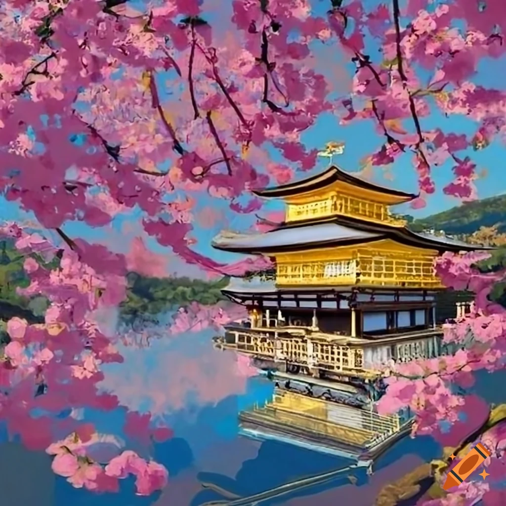 Cherry blossoms in full bloom with golden Kinkakuji Temple in Kyoto in ...