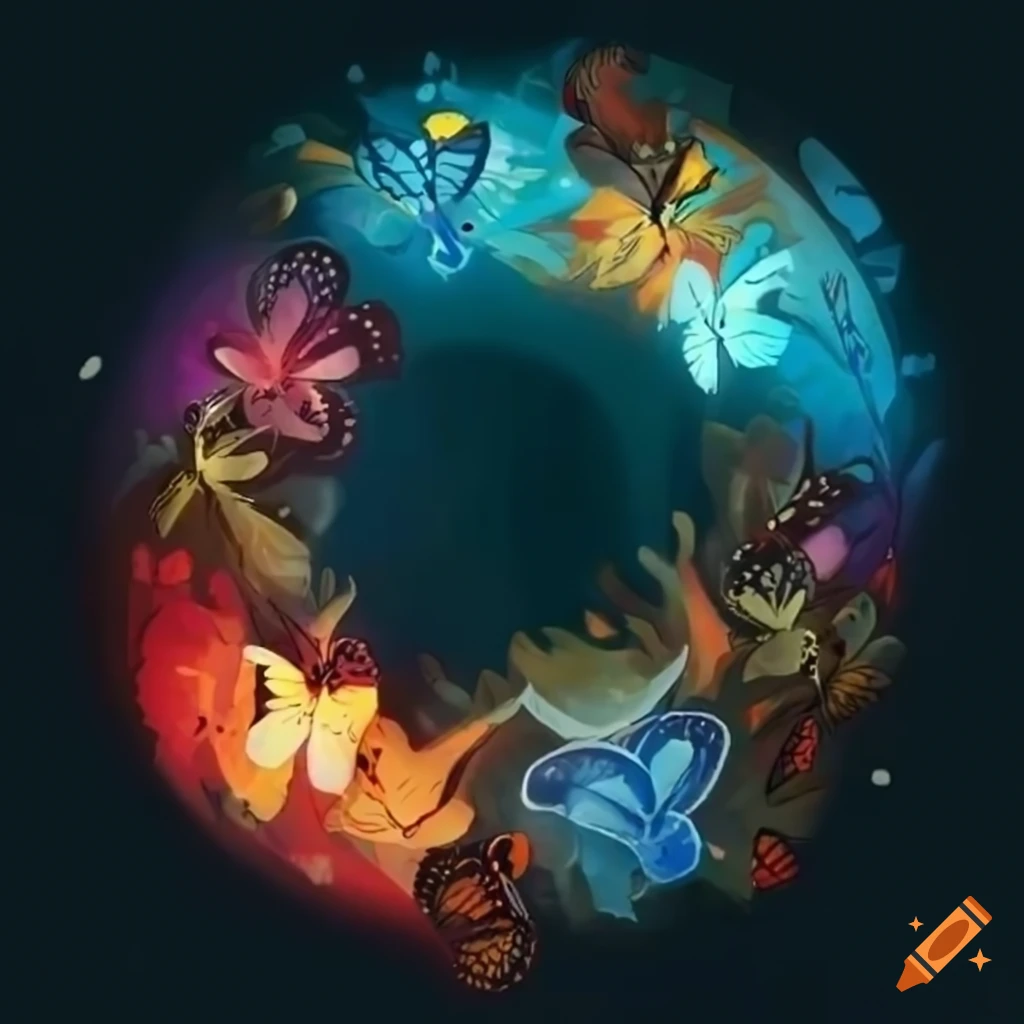 Butterflies flying in a circle in magic the gathering art style on Craiyon