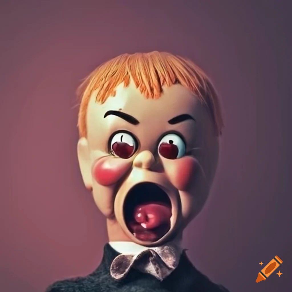 Angry ventriloquist doll screaming in retro colors on Craiyon