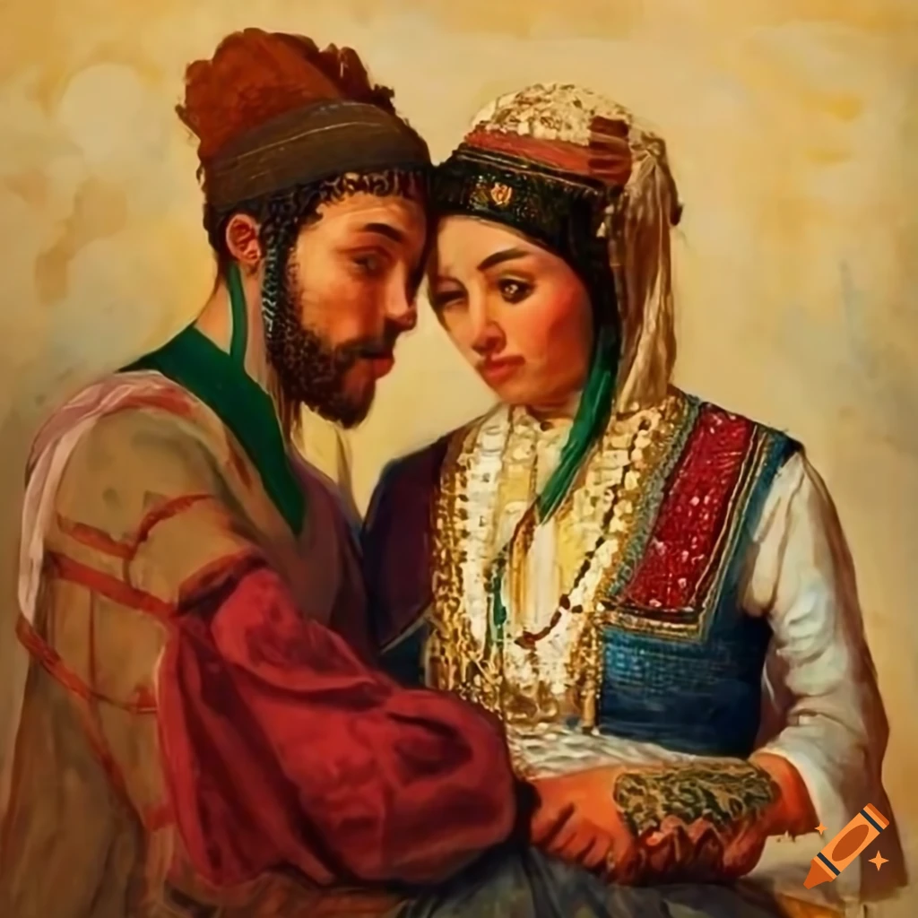 Man and woman in traditional alawite clothing in an impressionist style ...