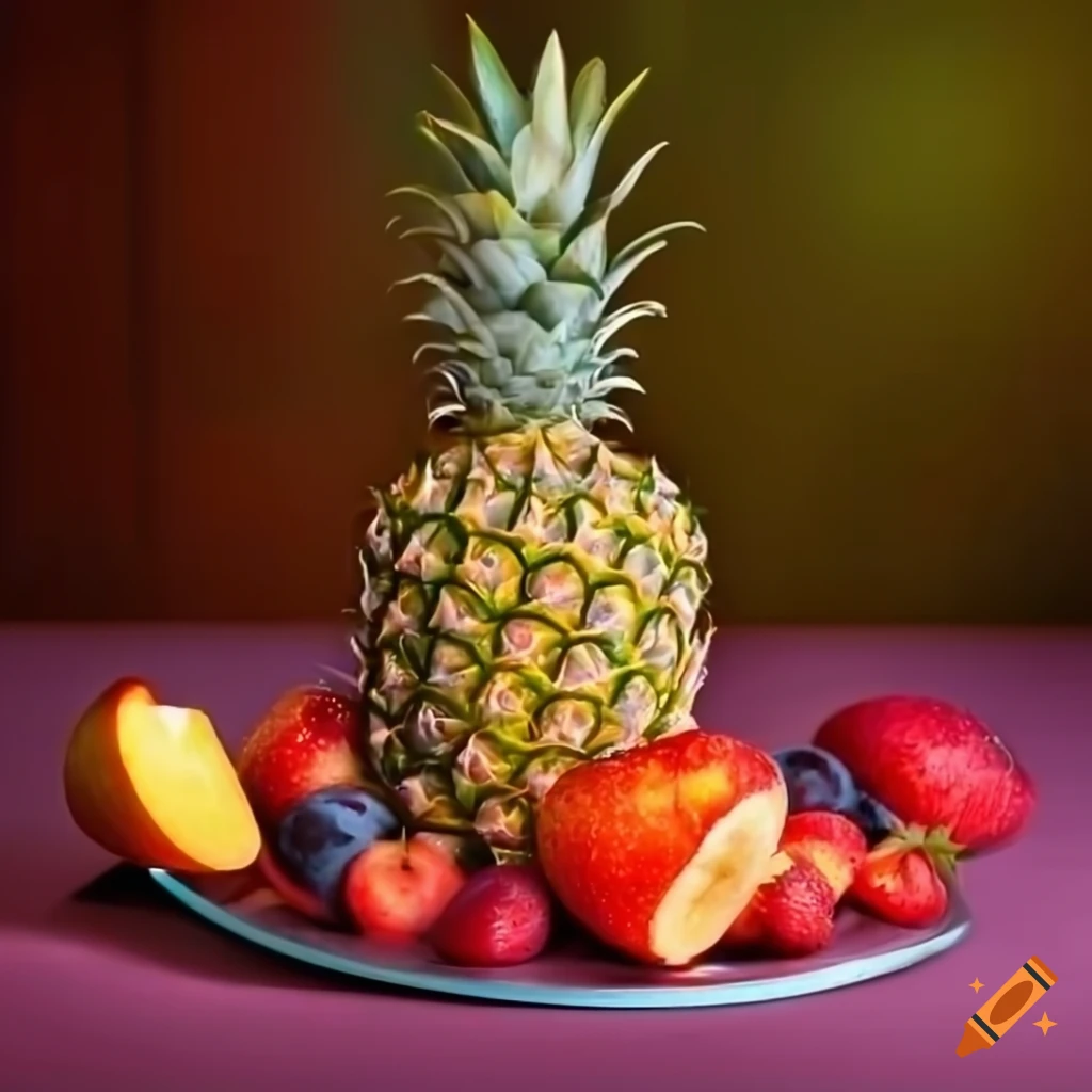 Colorful arrangement of fruits under a tree on Craiyon