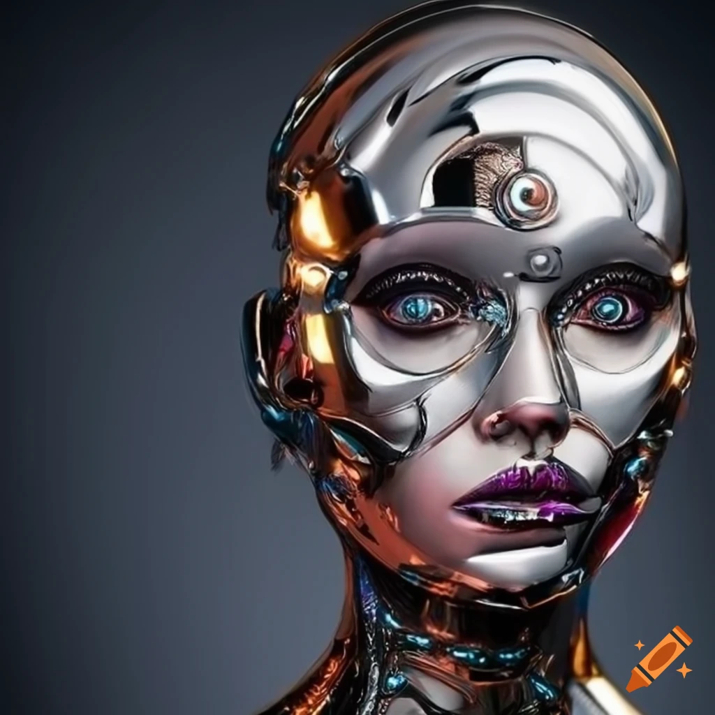 Futuristic chrome cyborg female head with decorative elements on Craiyon