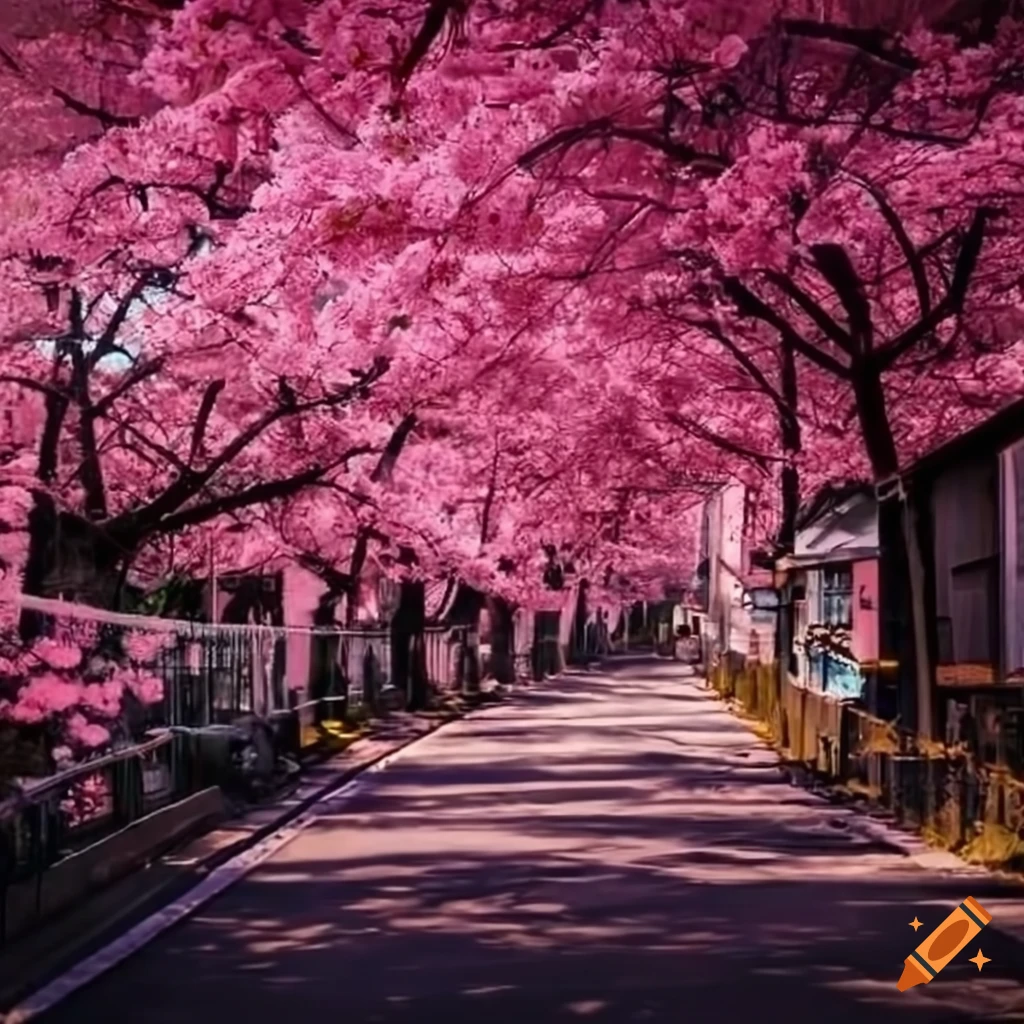 Japanese street with cherry blossom trees on Craiyon