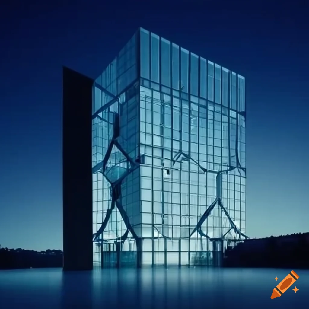 Modern building with intersecting cubic glass structures on Craiyon