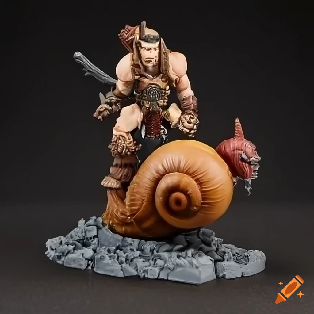 Barbarian riding a giant snail action figure in 40k setting on Craiyon